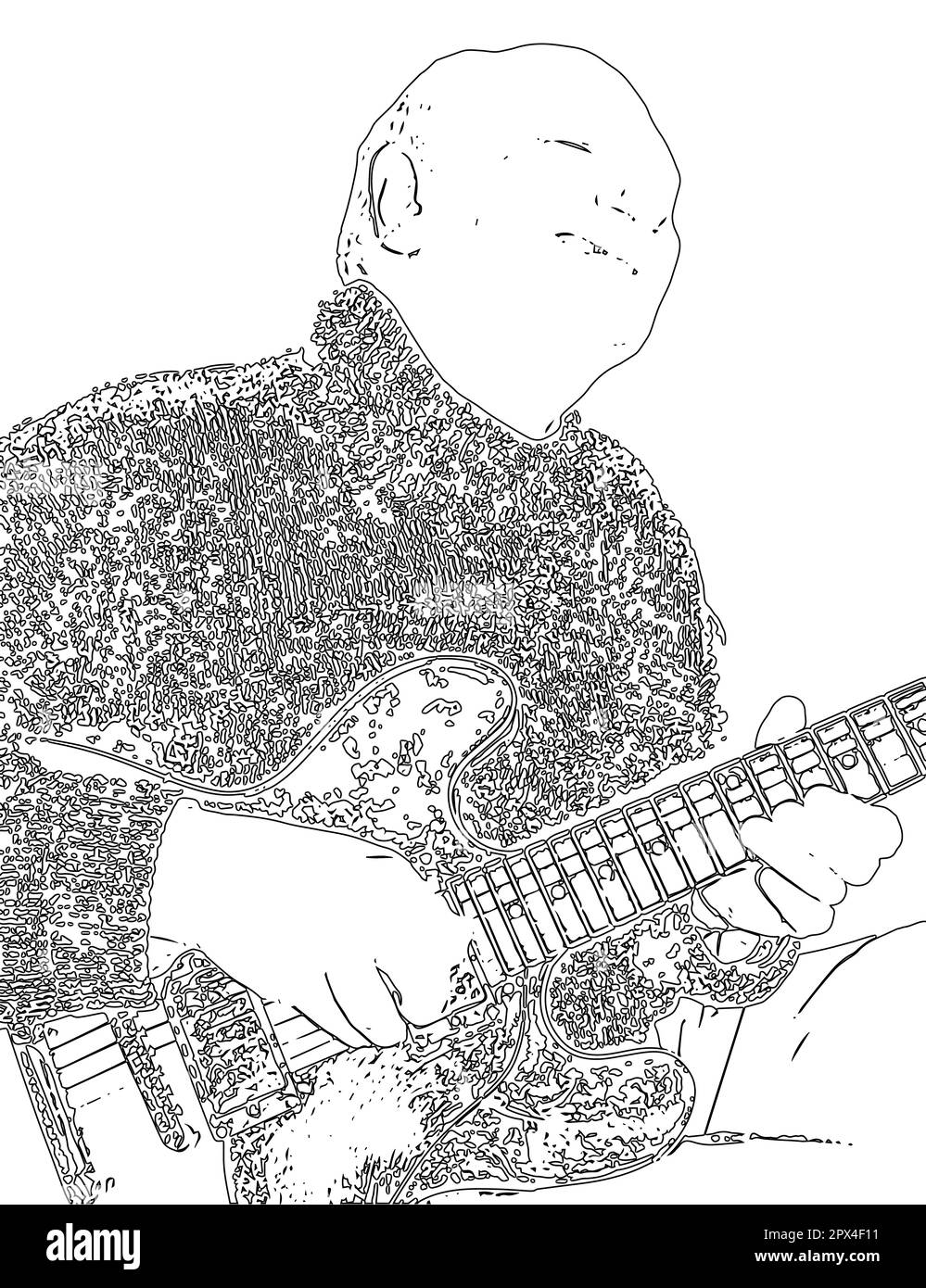 Old blues guitarist straining to play the notes as a line drawing on ...