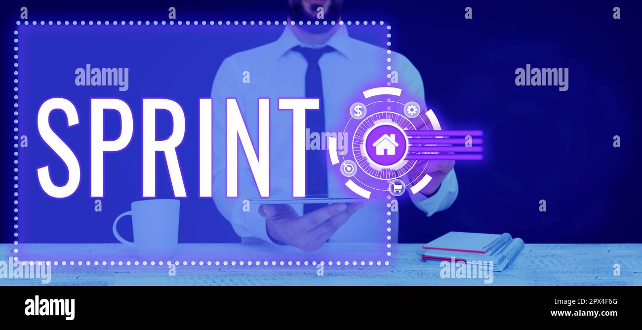 Conceptual caption Sprint, Business idea to move at top speed ...