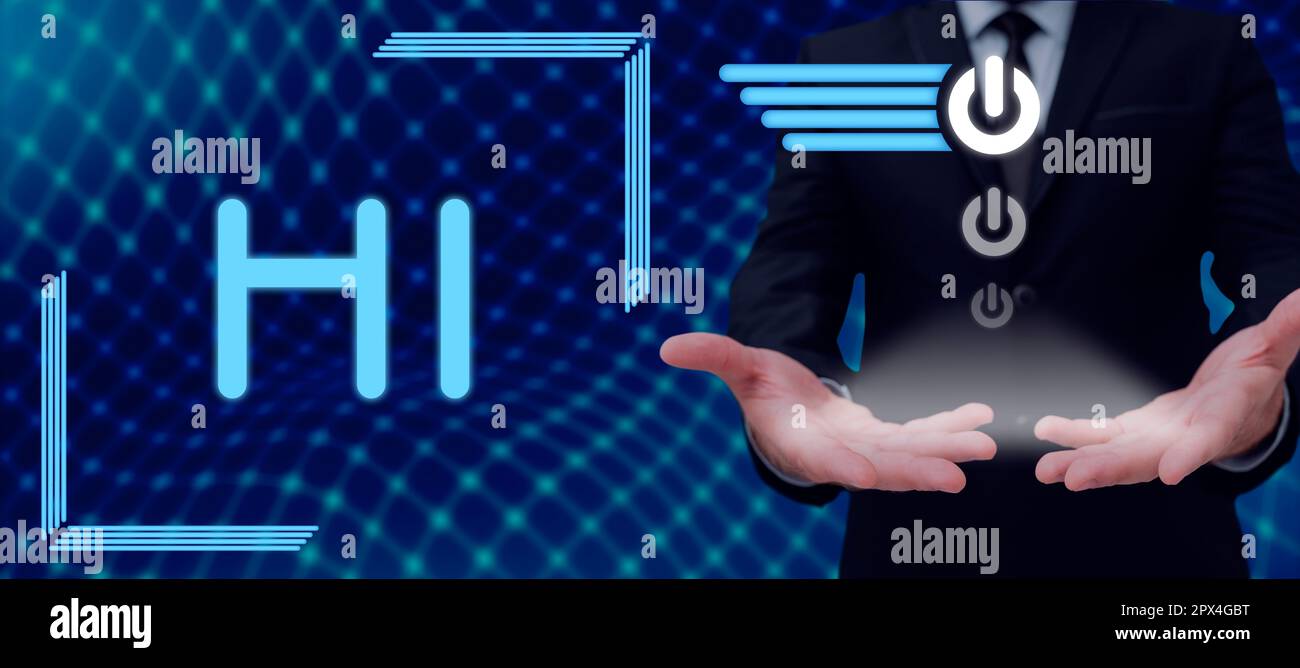 Hand writing sign Hi, Business showcase used as a greeting or to begin ...