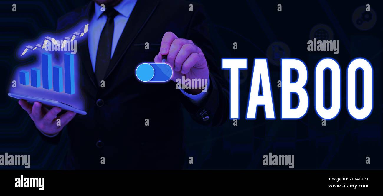 Hand writing sign Taboo, Word Written on a social or religious custom ...