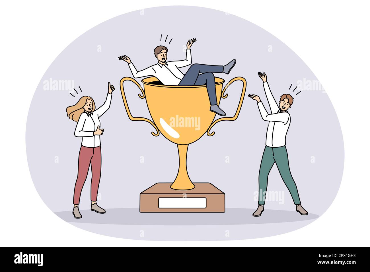 Overjoyed team with huge golden trophy celebrate shared business win or ...