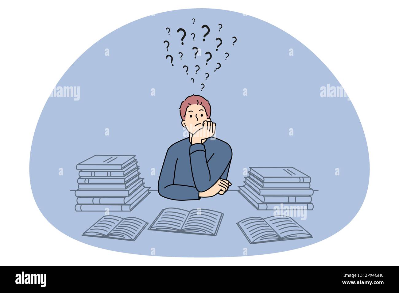 Pensive guy suit at desk studying thinking or pondering of problems ...