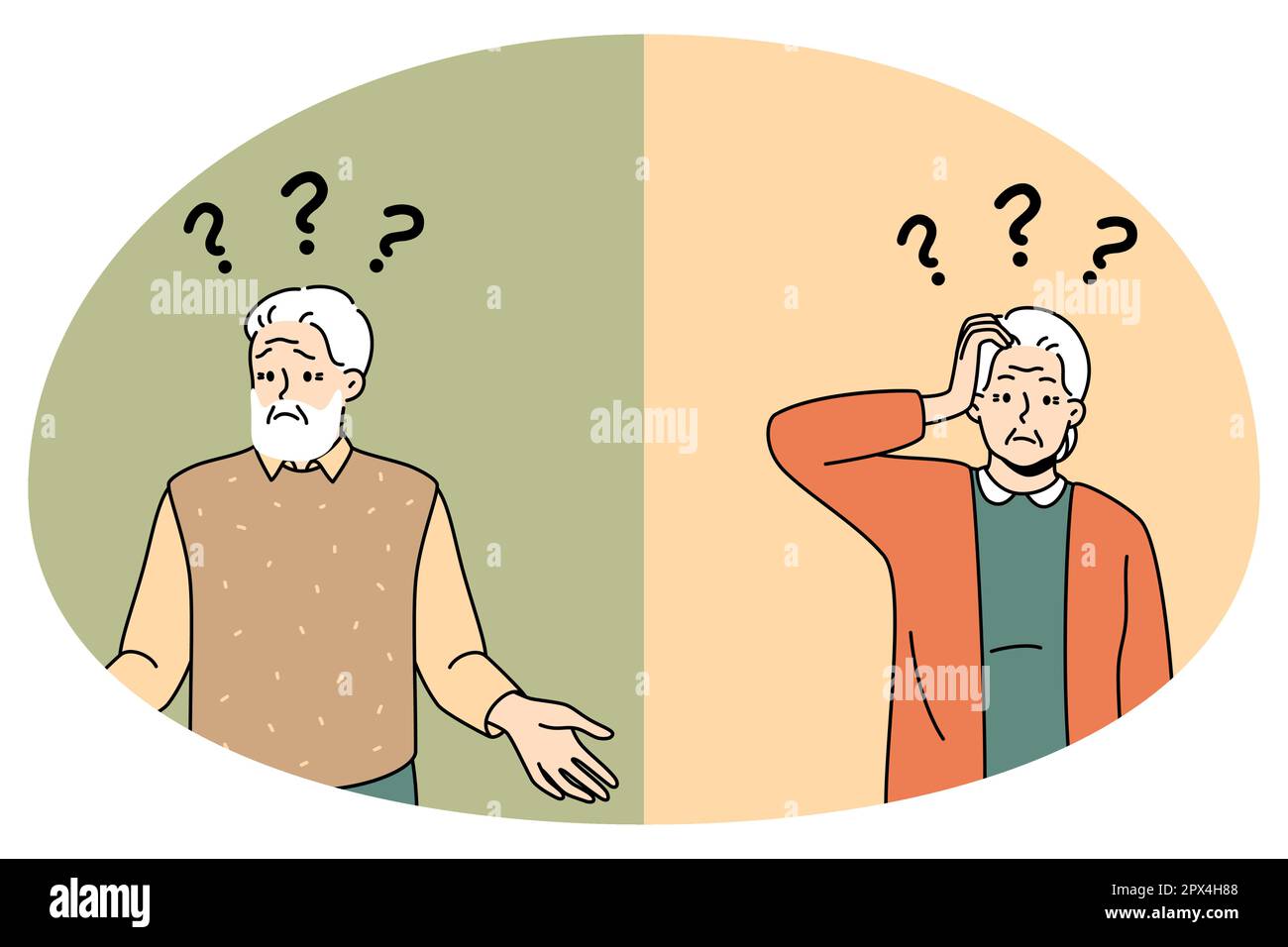 Unhappy old man and woman with question marks above head suffer from ...