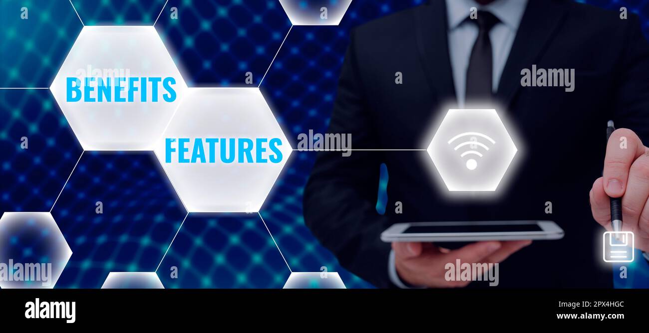 Inspiration showing sign Benefits Features, Business idea Making a ...