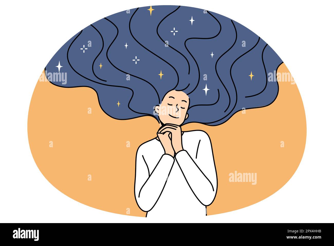 Happy young woman dream or imagine future. Calm smiling girl feel ...