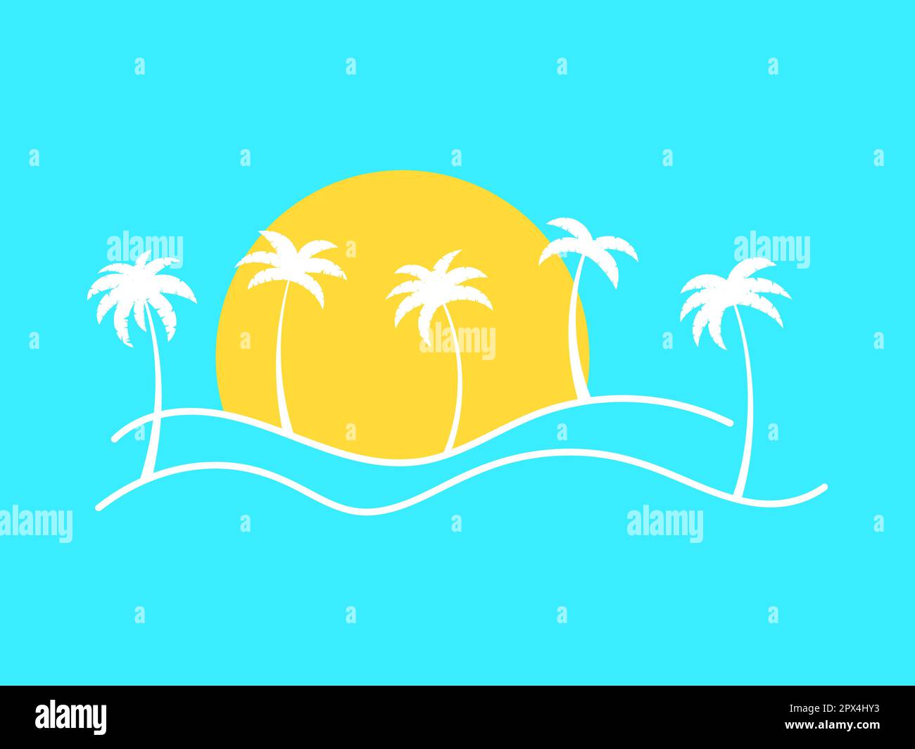 Line landscape outline with palm trees and rising sun on a blue ...
