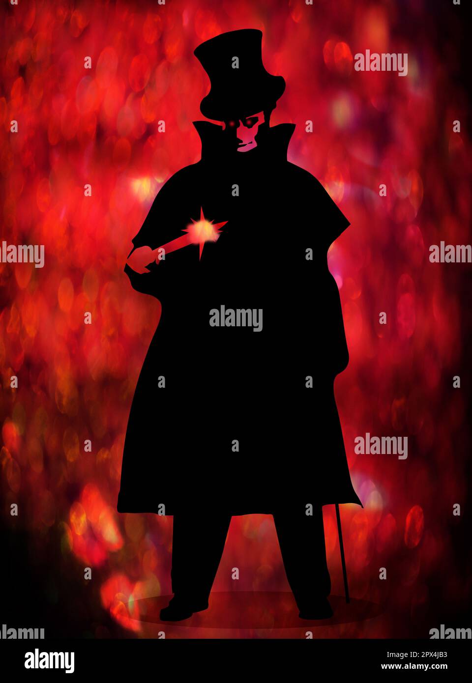 A Jack the Ripper silhouette with knife set over a dark red background ...