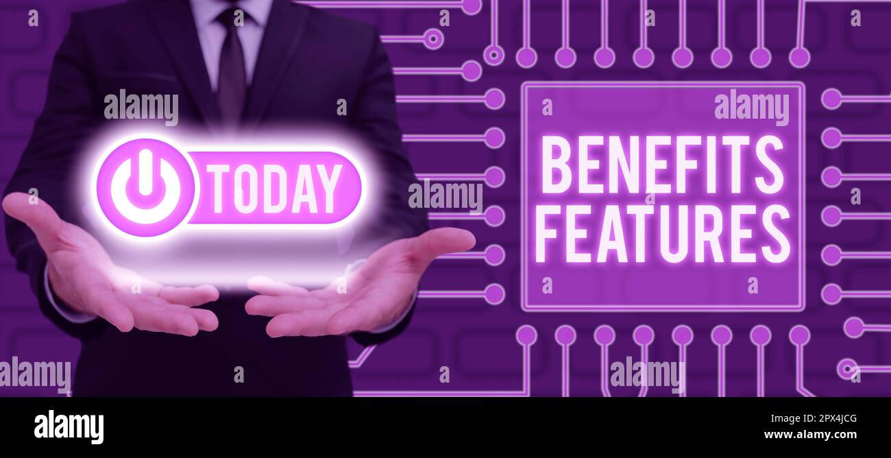 Sign displaying Benefits Features, Business approach Making a product ...