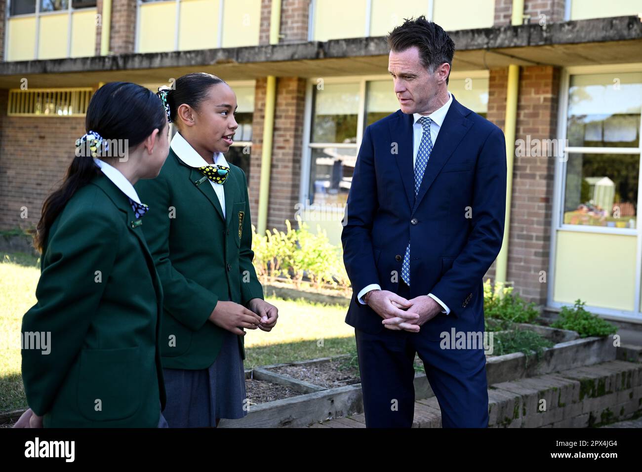 NSW Premier Chris Minns speaks to students during a visit to Lethbridge ...