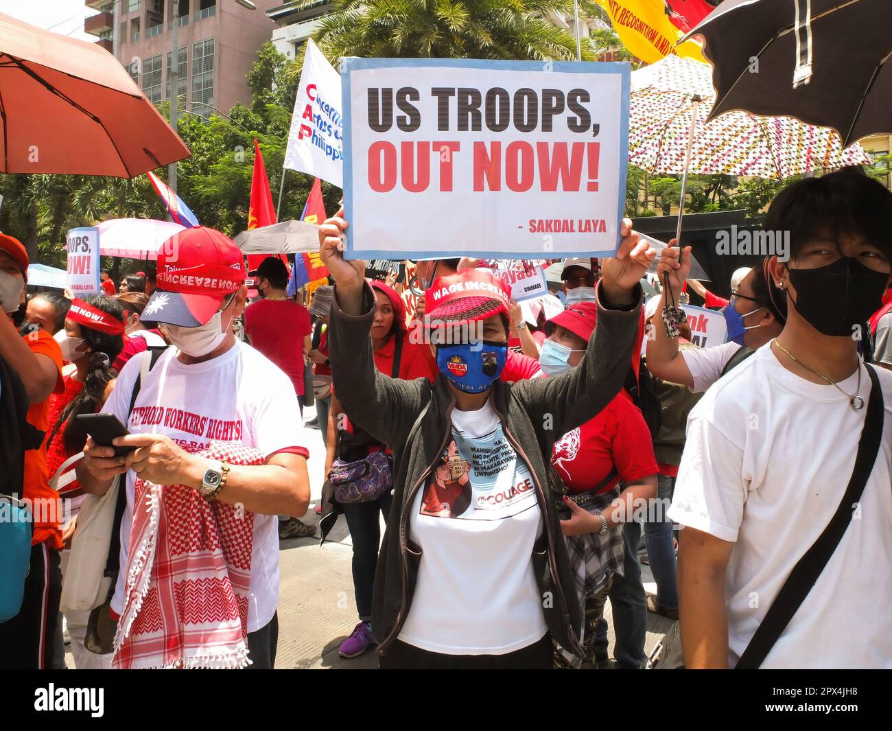 Manila, Philippines. 01st May, 2023. A protester holds a placard during ...