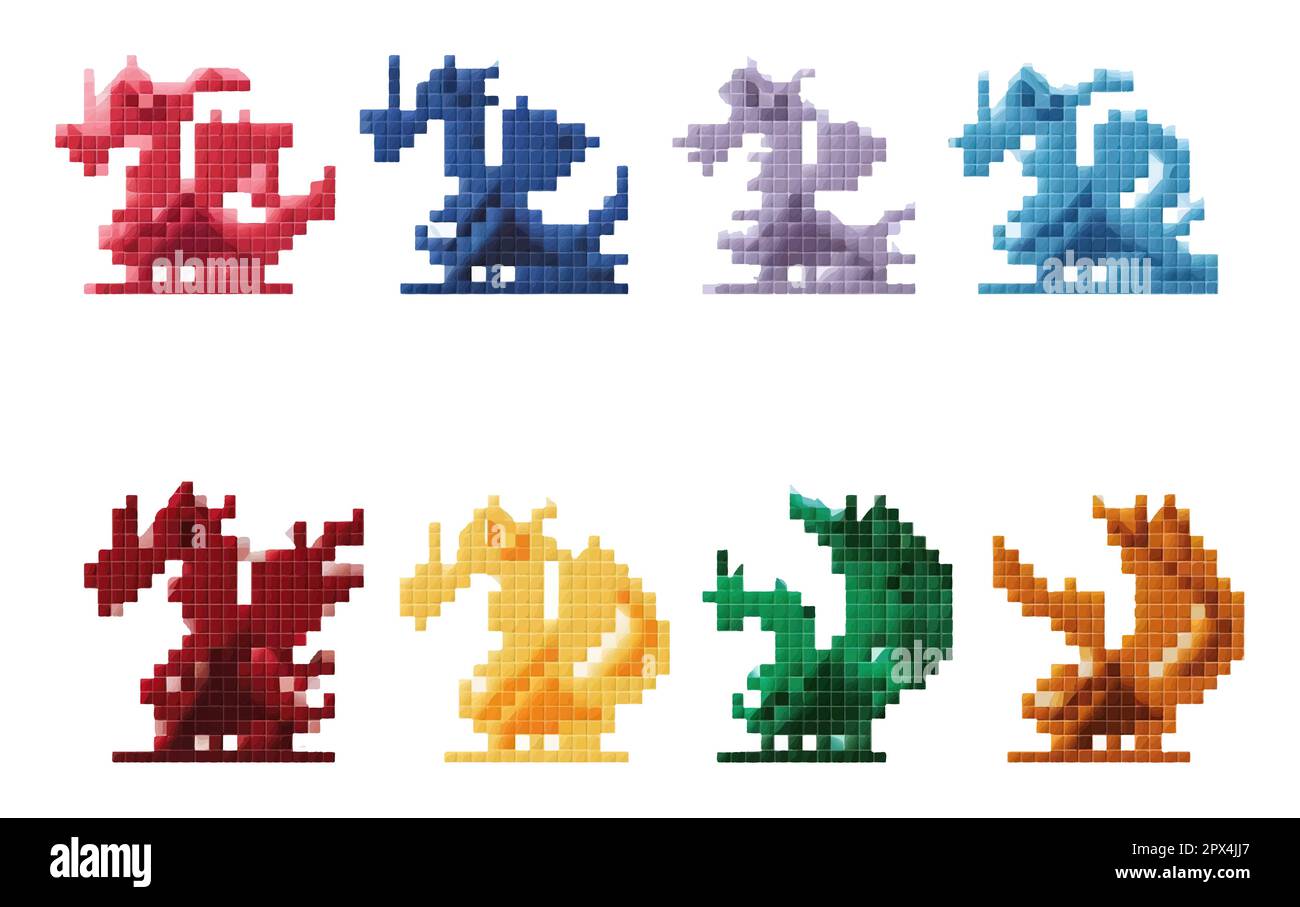 set vector pixel illustration of colorful magic cute dragons isolate on ...