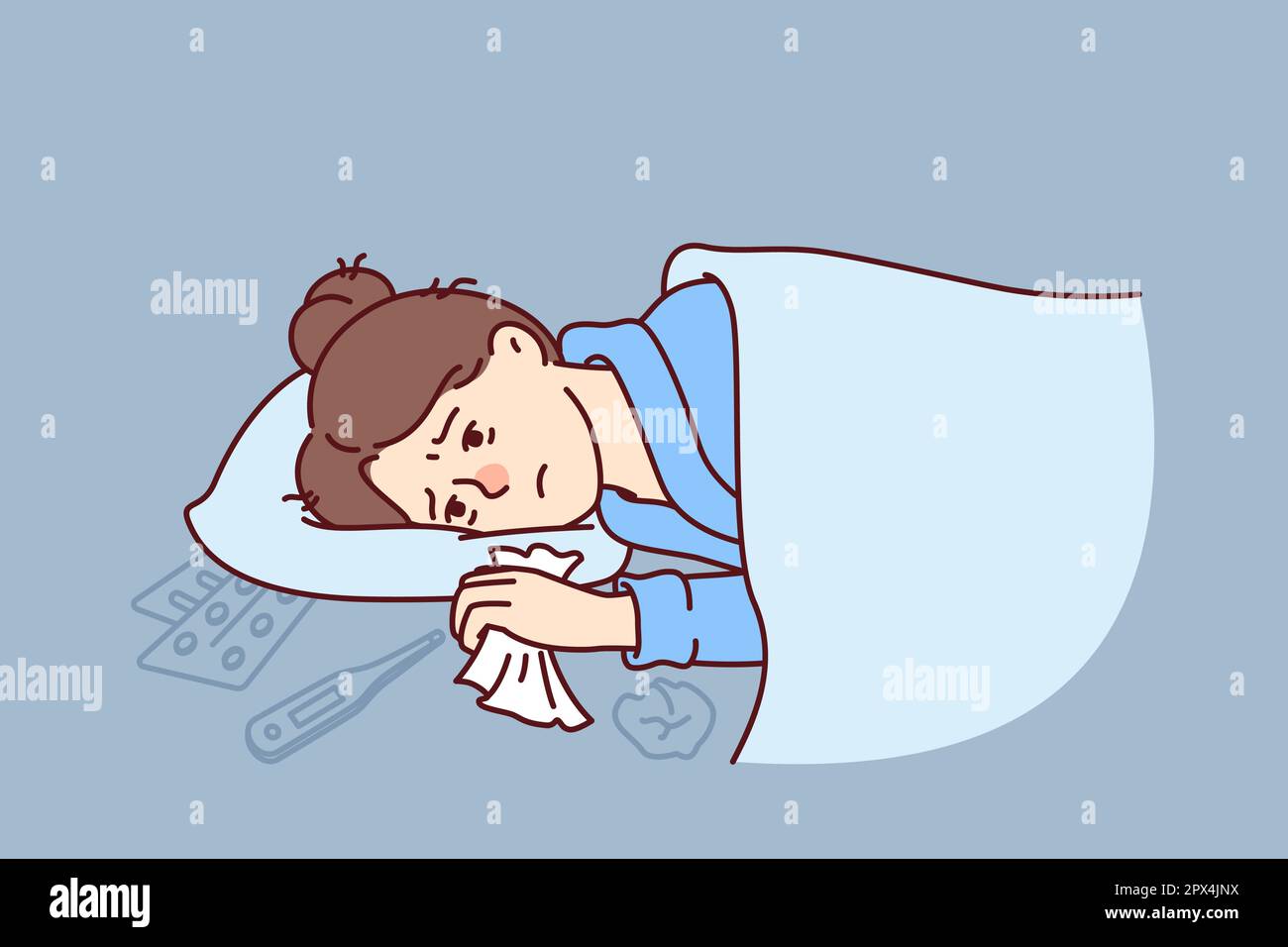 Woman sick with flu lies under blanket with handkerchief in hand near ...