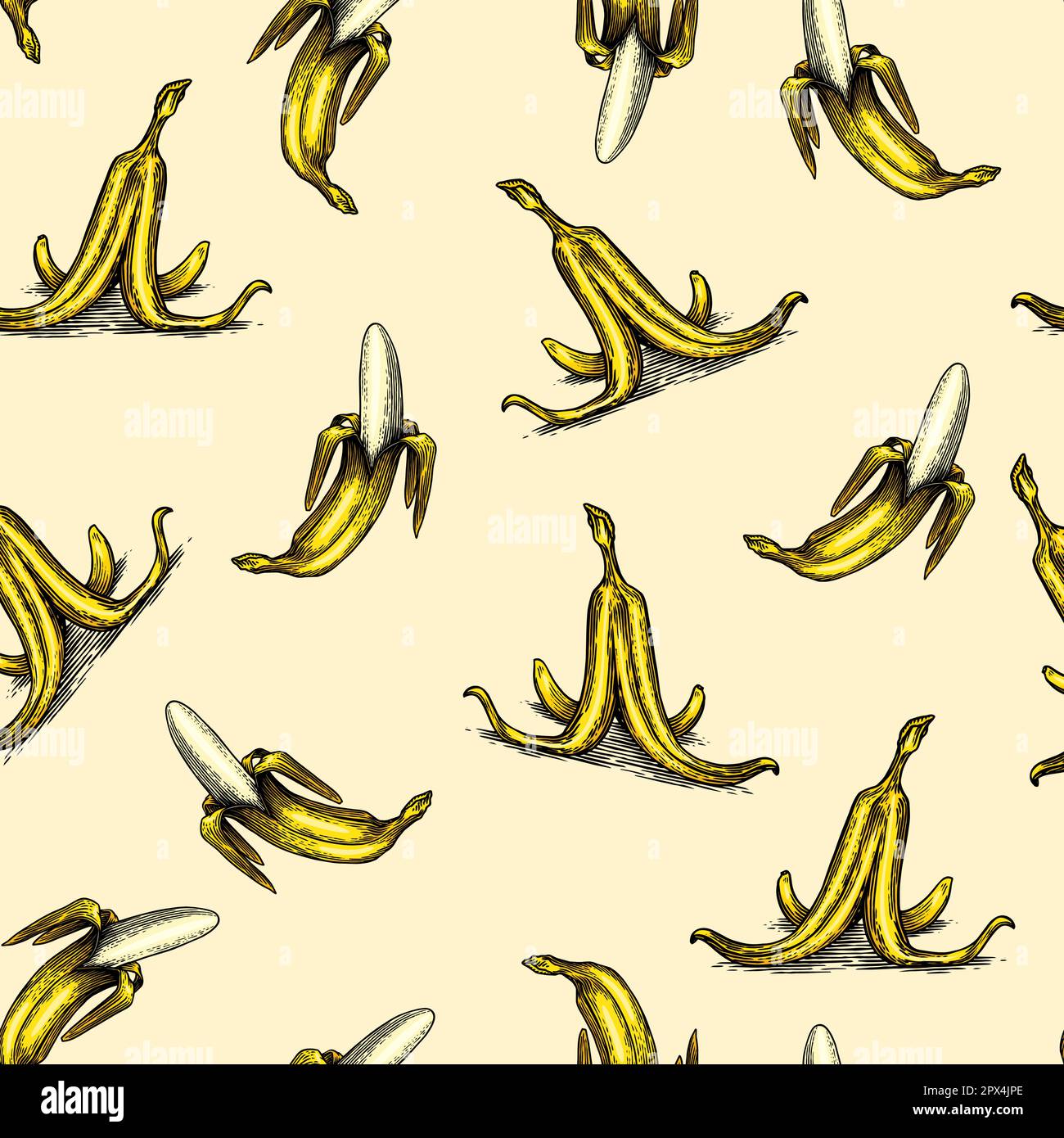 Banana fruit seamless pattern. Hand drawn with ink in vintage style ...