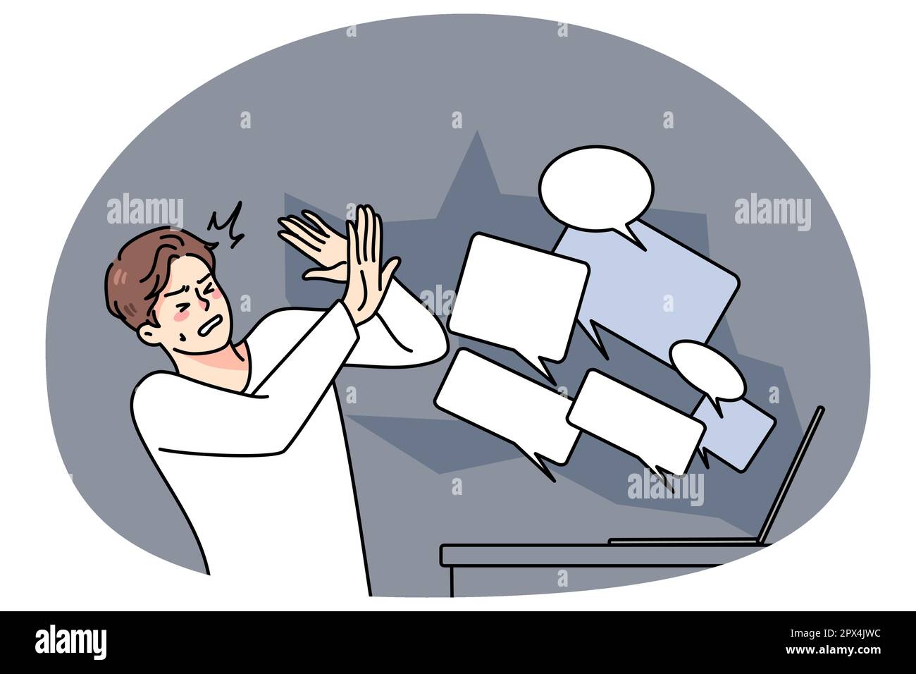Stressed man overwhelmed with online negative comments and messages on ... Stressed man overwhelmed with online negative comments and messages on ...