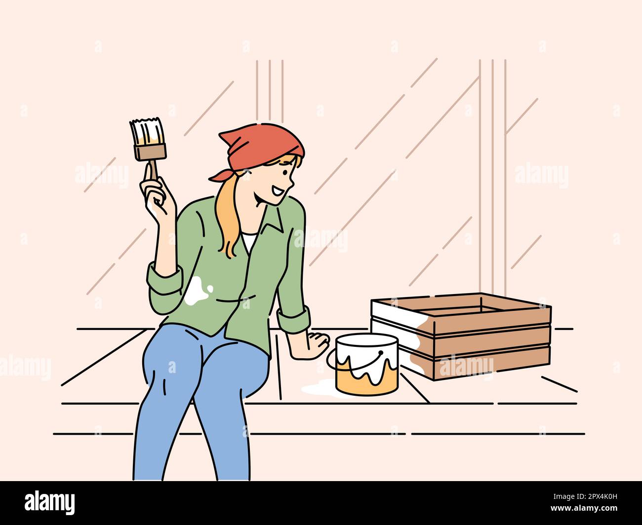 Smiling woman painting wooden box outside of house on terrace. Happy ...