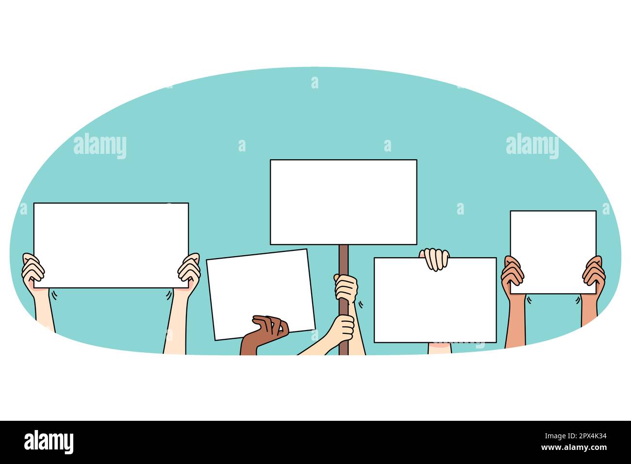 Hand of people holding banners on protest or demonstration. Activists ...