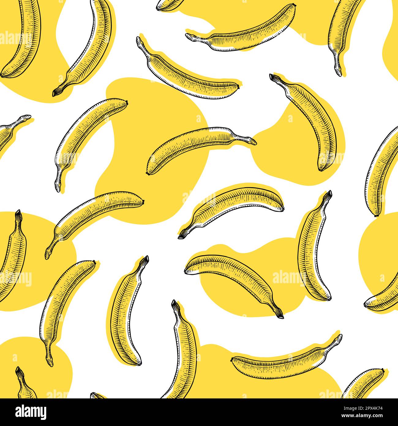 Banana fruit seamless pattern. Hand drawn with ink in vintage style ...