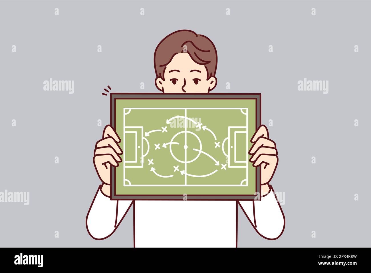 Man referee demonstrates plan for placement of football players ...