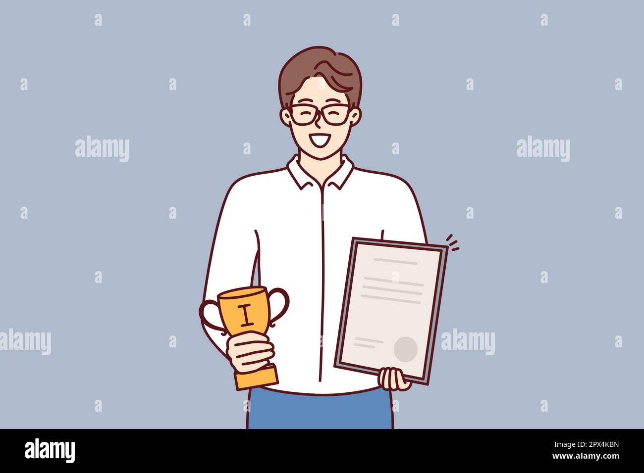 Businessman holds certificate and cup winner of competition among ...