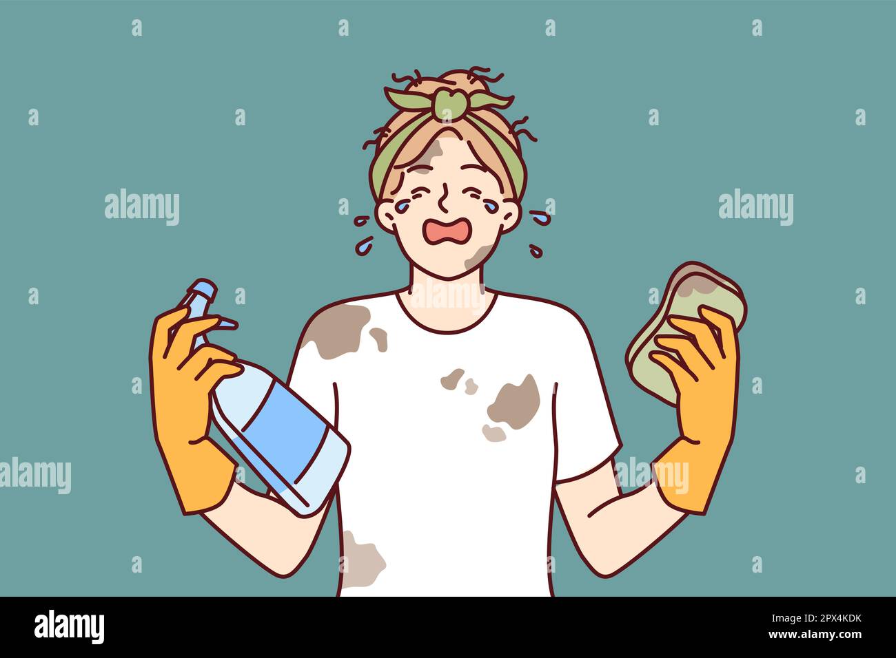 Woman housewife in dirty clothes is crying because of large amount ...
