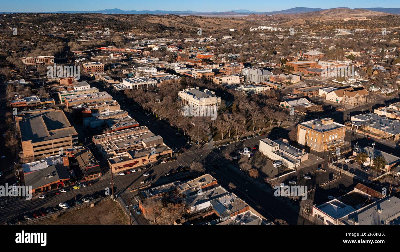 Sunset aerial view of historic downtown Prescott, Arizona, USA Stock ...