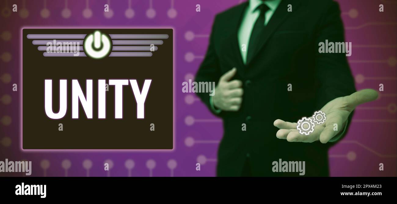 Hand writing sign Unity, Business approach state of being united or ...