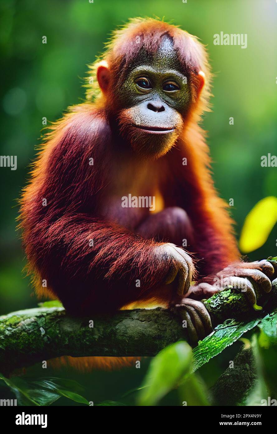 Portrait of an orangutan in the forest. Digital art 3D illustration ...