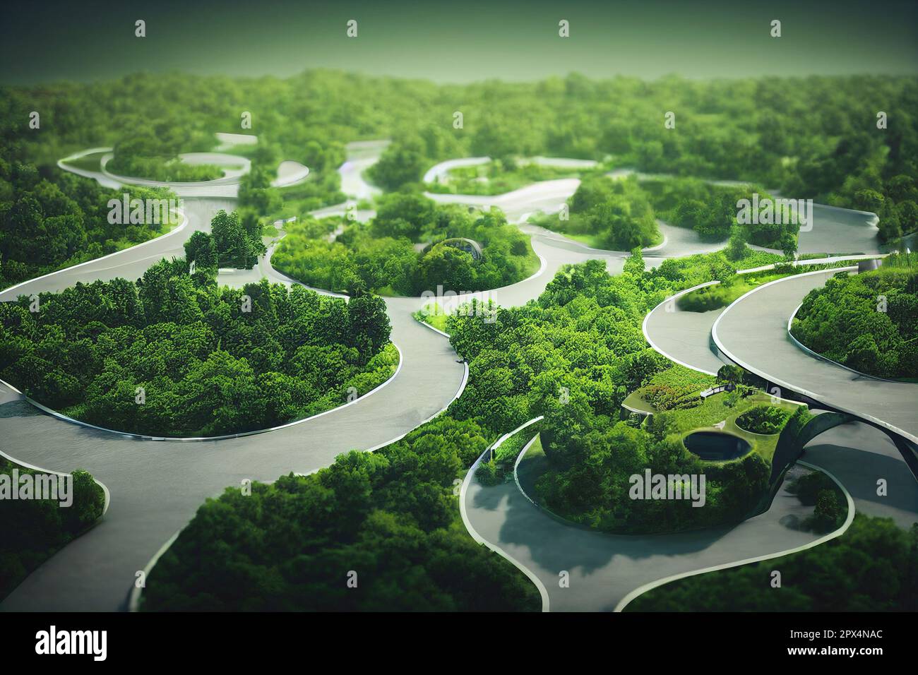 Eco-futuristic city park concept full with greenery, spaces in urban ...
