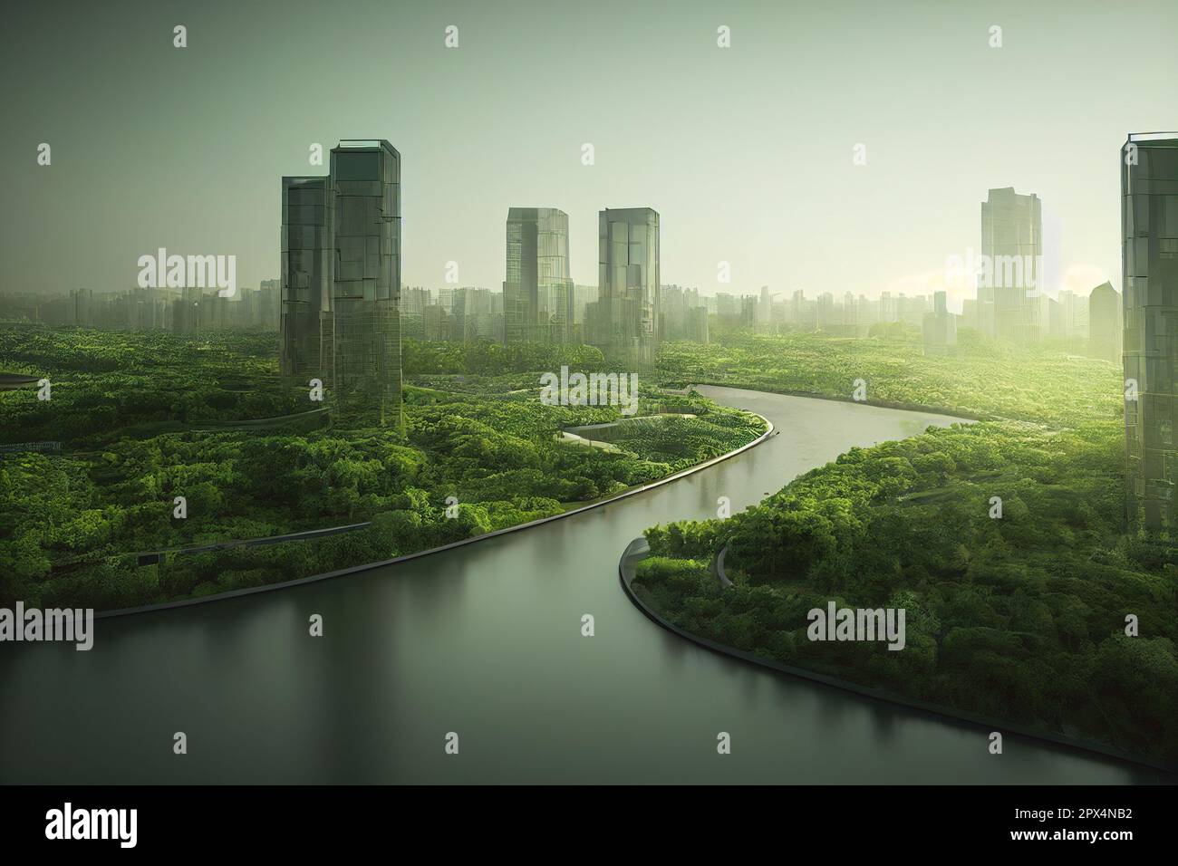 Beautiful landscape of cityscape with city building around a green park ...