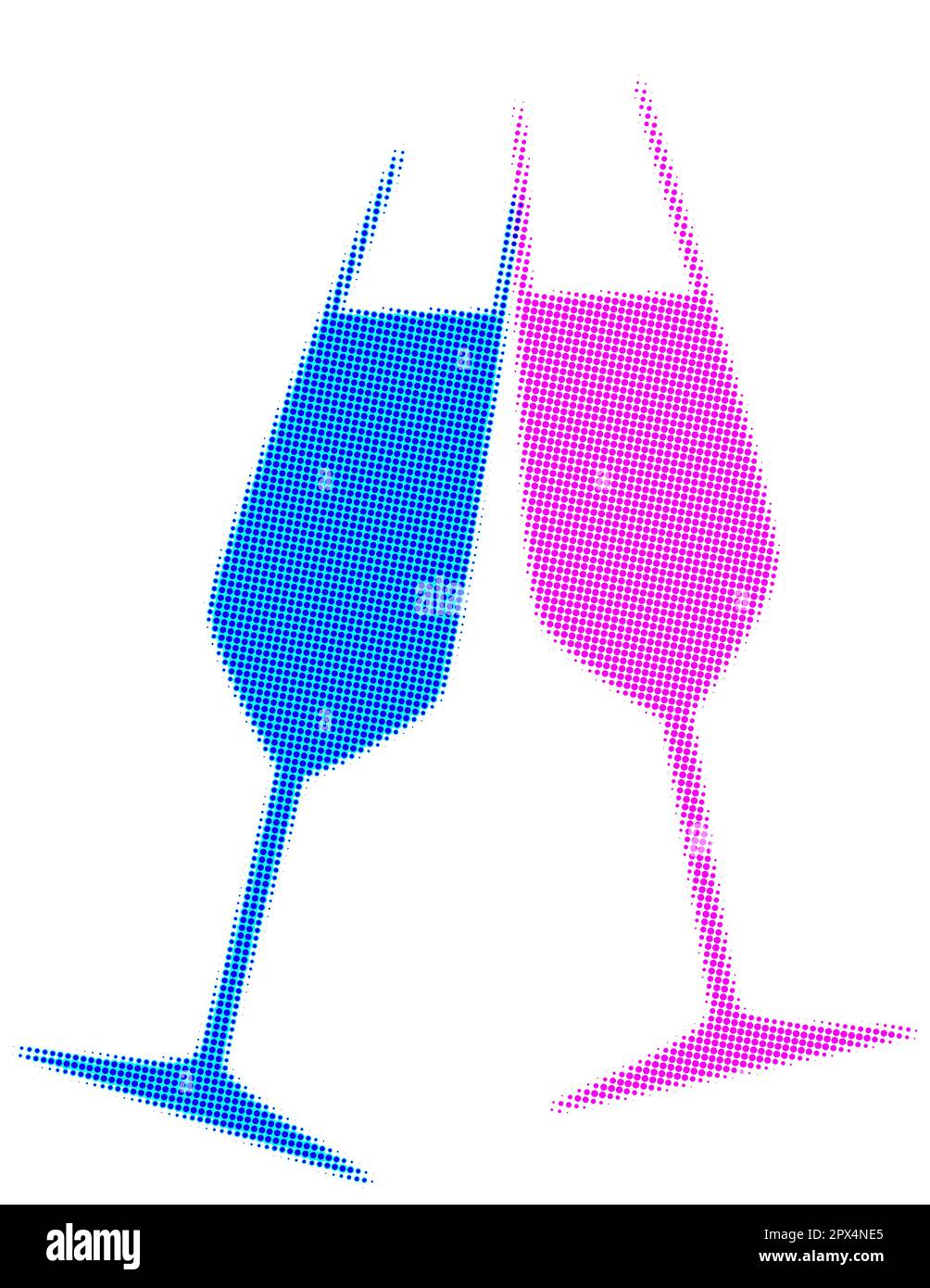 Two charged champagne glass isolated on a white background with dots ...