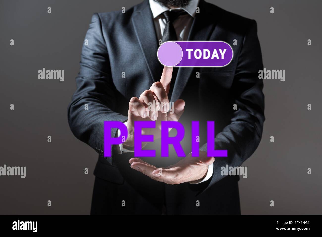 Sign displaying Peril, Word for indicates something extremely difficult ...