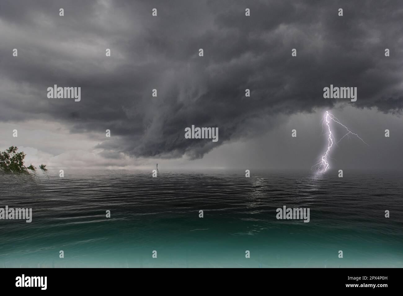 The nightmarish scene of a flood with dramatic sky, thundercloud and ...