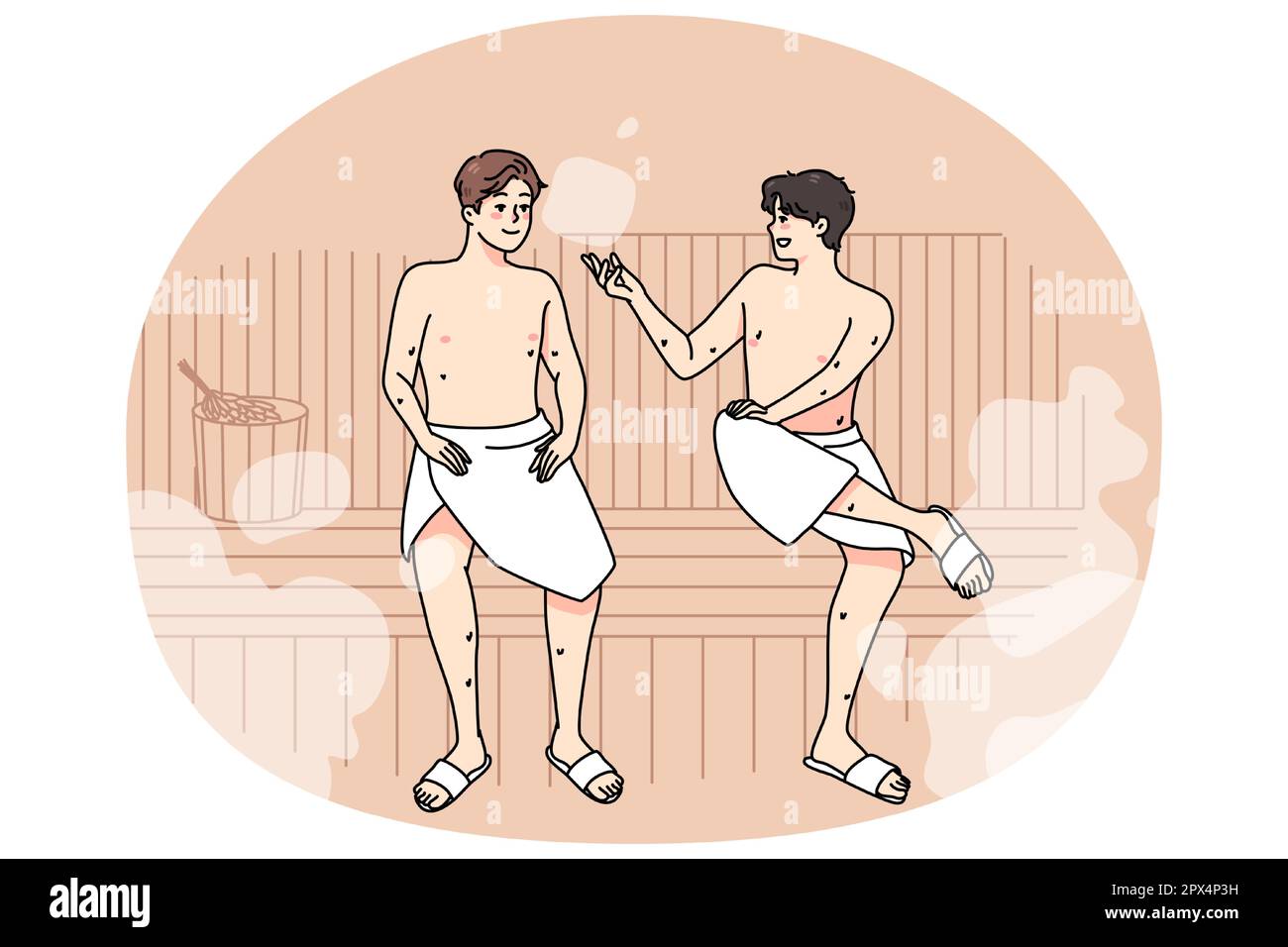 Happy male friends in towels relax in sauna on weekend together. Smiling men enjoy bathhouse ...
