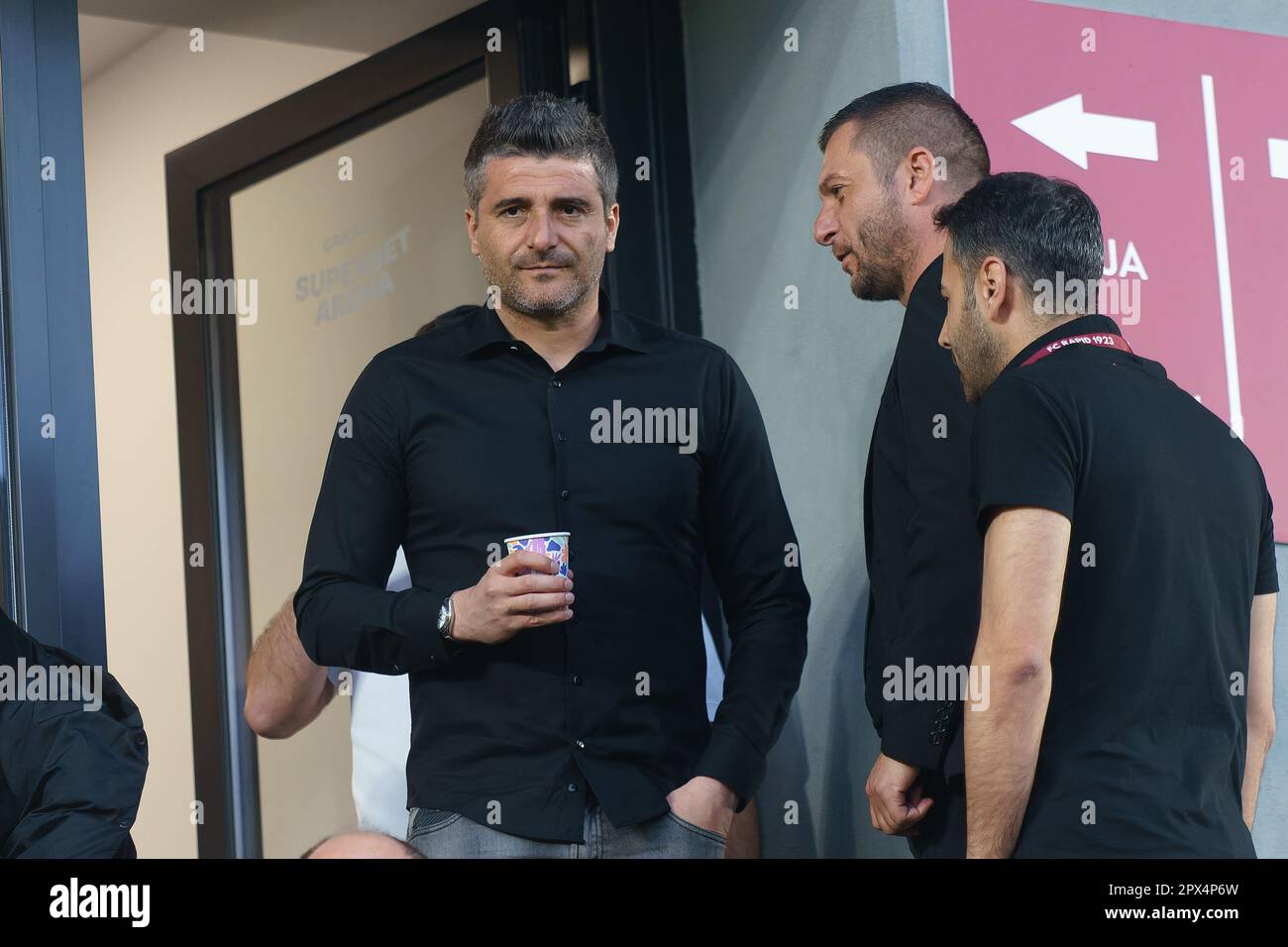 Bucharest, Romania. 1st May, 2023: Daniel Niculae, president of the Rapid team, looks on from ...