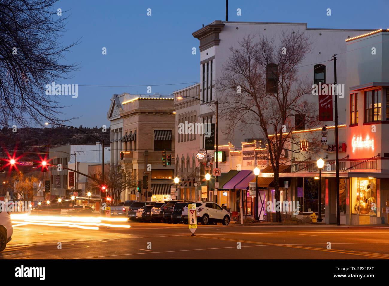 Prescott, Arizona, USA - January 9, 2022: Evening lights turn on as ...