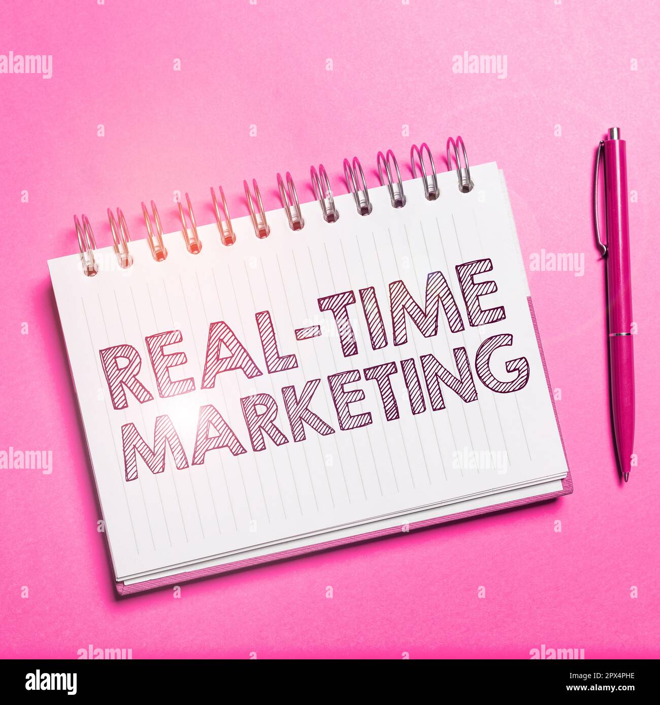 Hand writing sign Real Time Marketing, Concept meaning Creating a ...