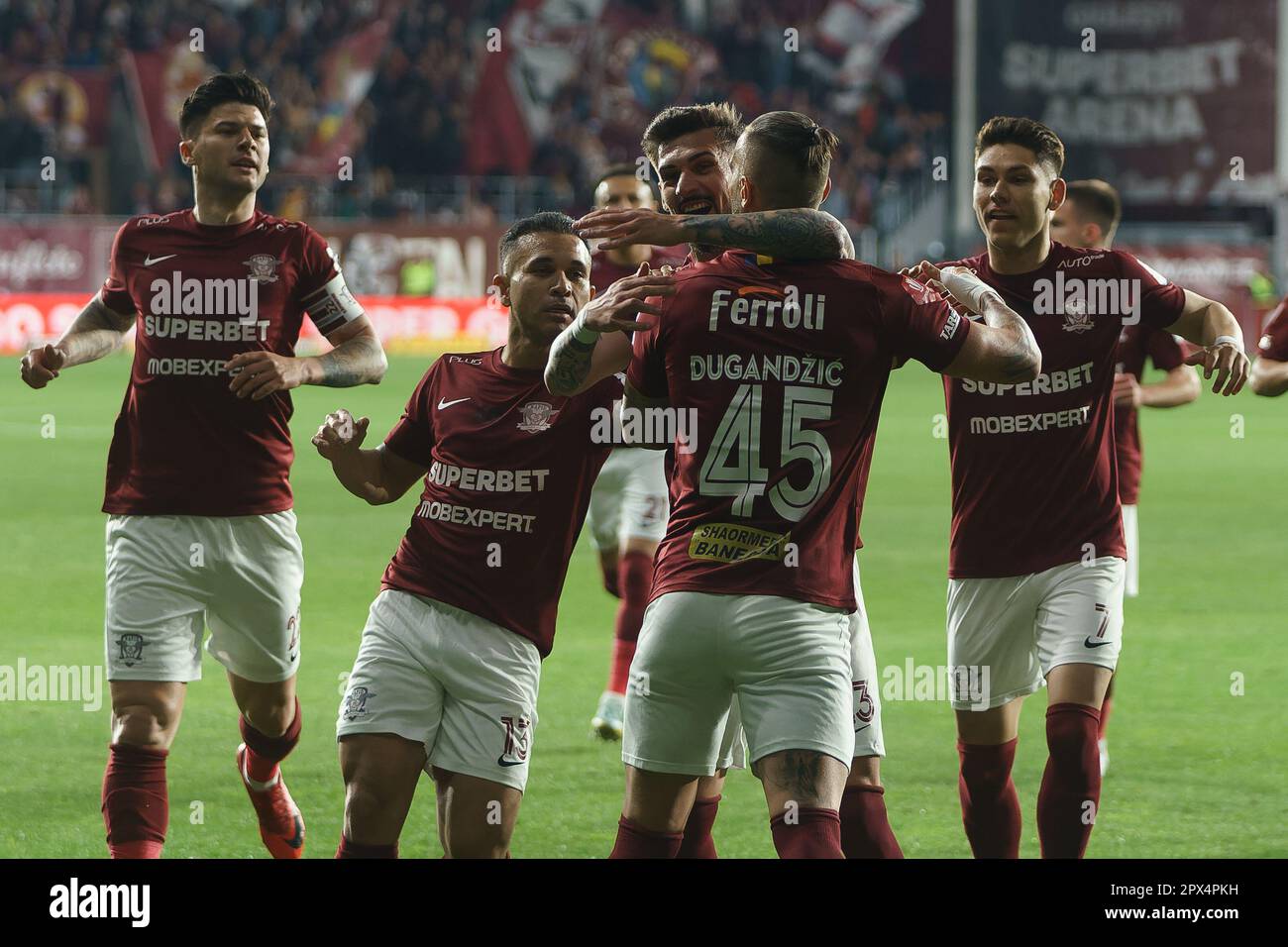 Bucharest, Romania. 1st May, 2023: Rapid players (LR) Cristian Sapunaru ...