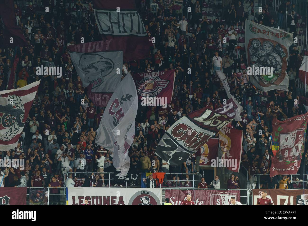 Bucharest, Romania. 1st May, 2023: Fans of the Rapid football team wave ...