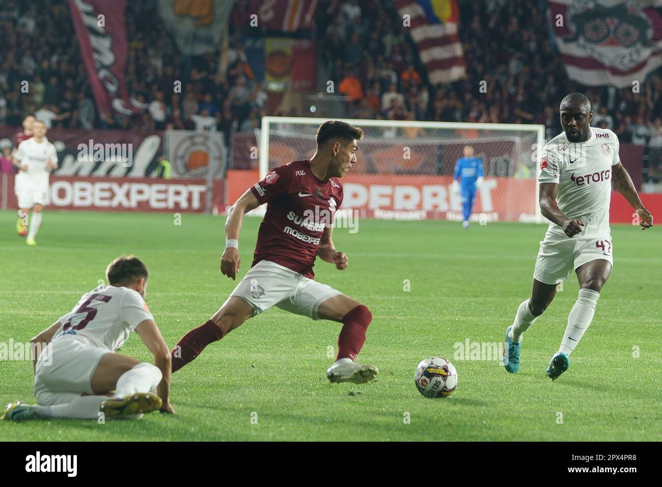 Bucharest, Romania. 1st May, 2023: Antonio Sefer (L) of Rapid in action ...