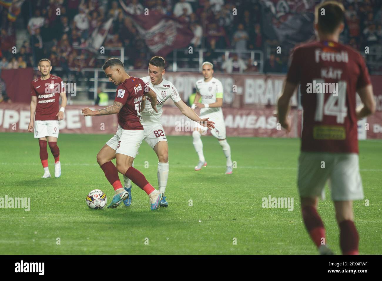 Bucharest, Romania. 1st May, 2023: Junior Morais (L) of Rapid in action ...