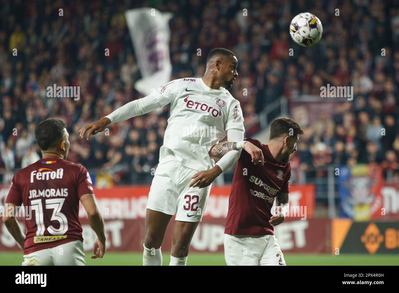 Bucharest, Romania. 1st May, 2023: Rangelo Janga of CFR Cluj header the ...