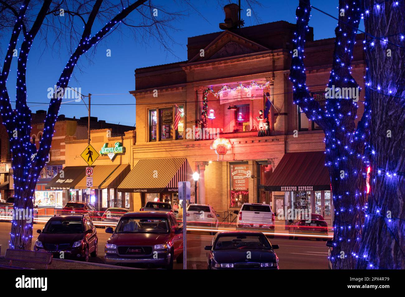 Prescott, Arizona, USA - January 9, 2022: Evening lights turn on as ...