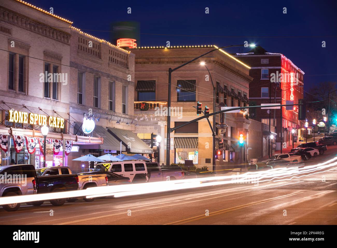 Prescott, Arizona, USA - January 9, 2022: Evening lights turn on as ...