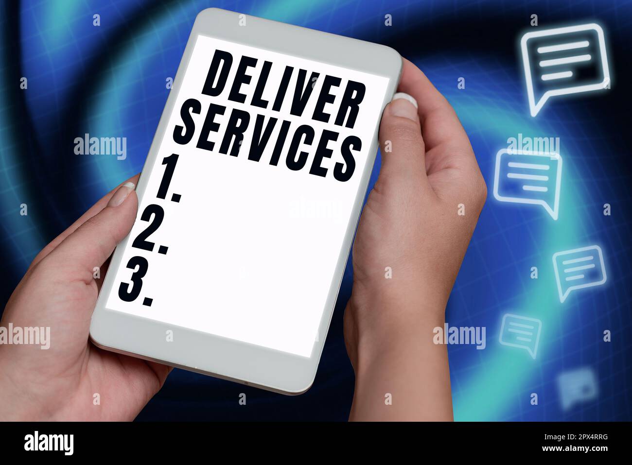 Text caption presenting Deliver Services, Conceptual photo the act of ...