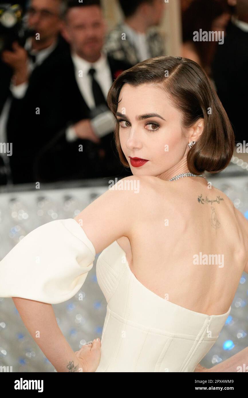 New York, USA. 01st May, 2023. Lily Collins on the red carpet during The 2023 Met Gala honoring ...