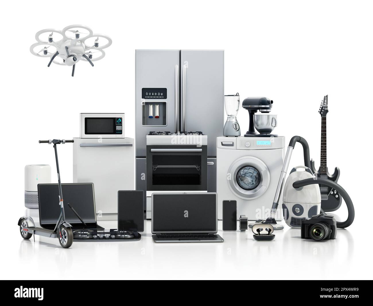 Group of home appliances and consumer electronics isolated on white background. 3D illustration ...