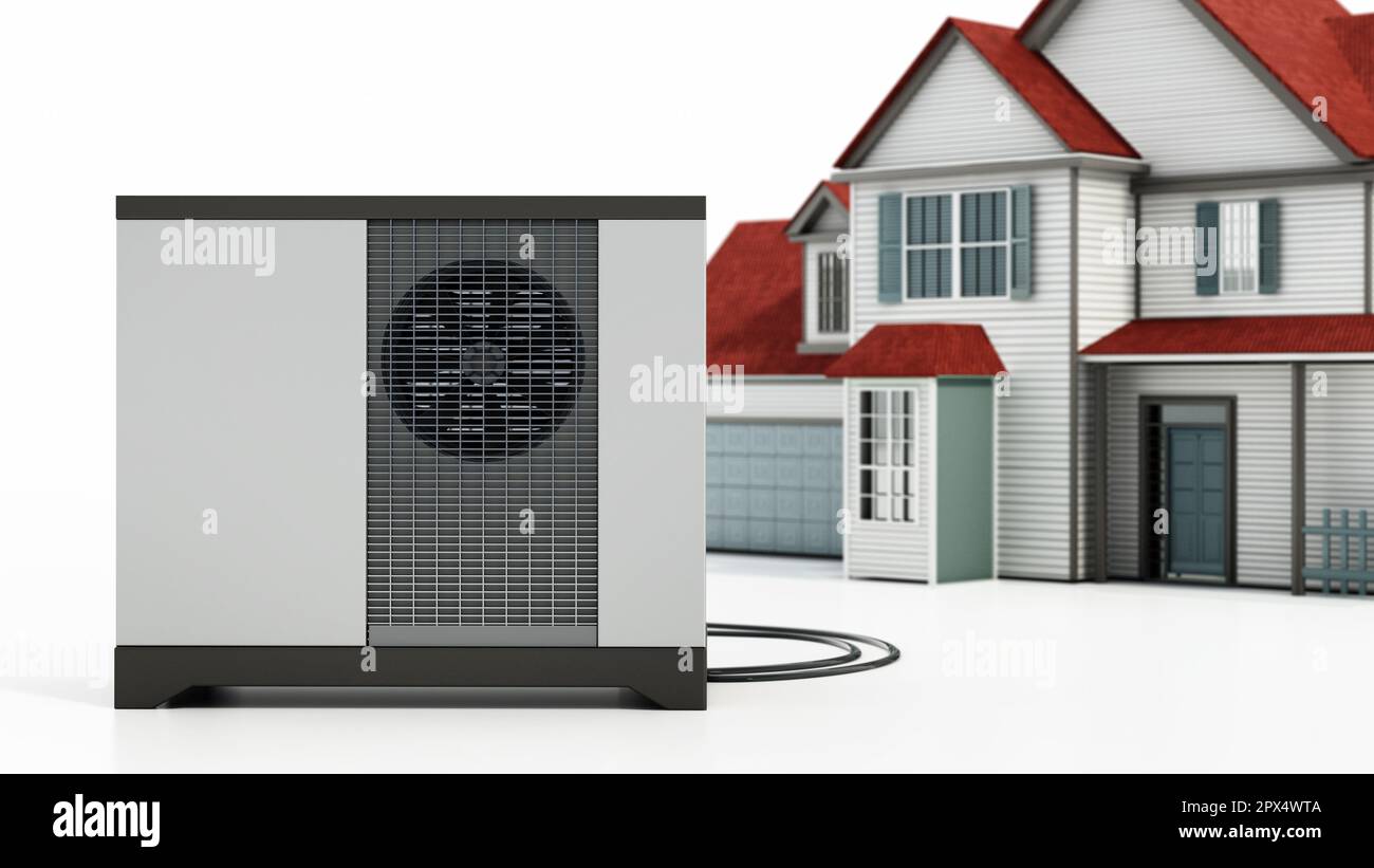 Heat pump and house isolated on white background. 3D illustration Stock ...