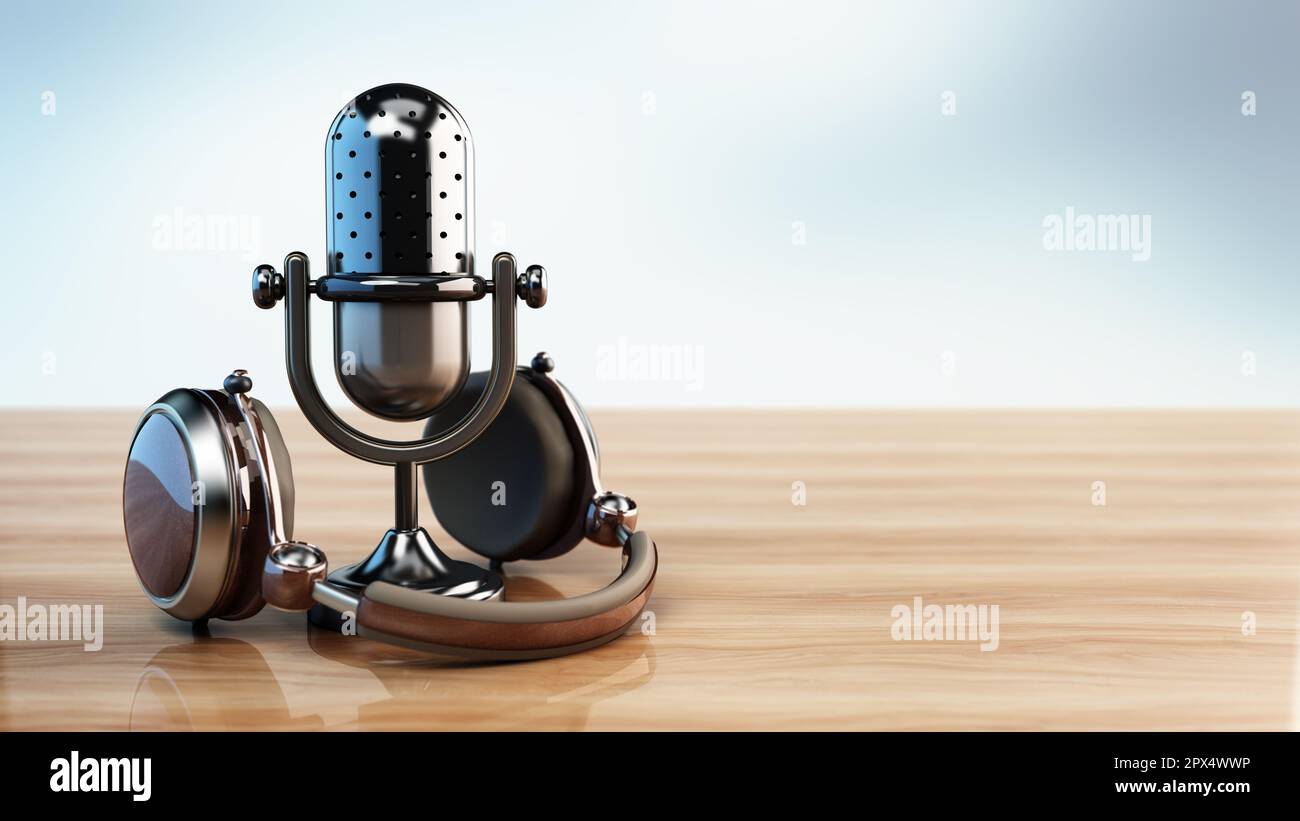 Vintage microphone and headphones on reflective wooden surface. 3D ...