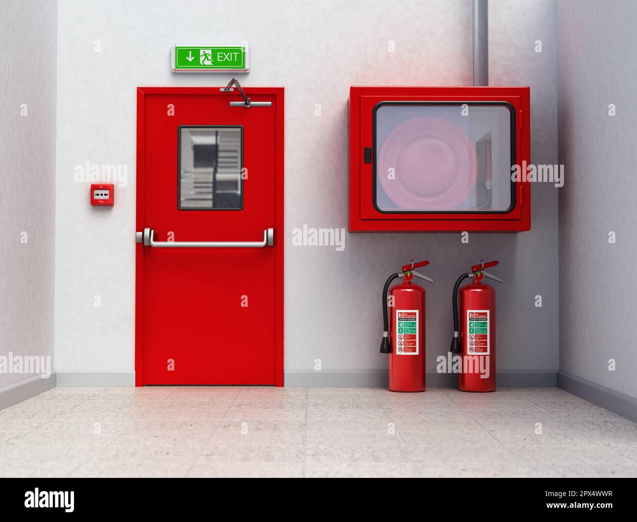 Fire exit door, exit sign, emergency fire button, extinguishers and ...