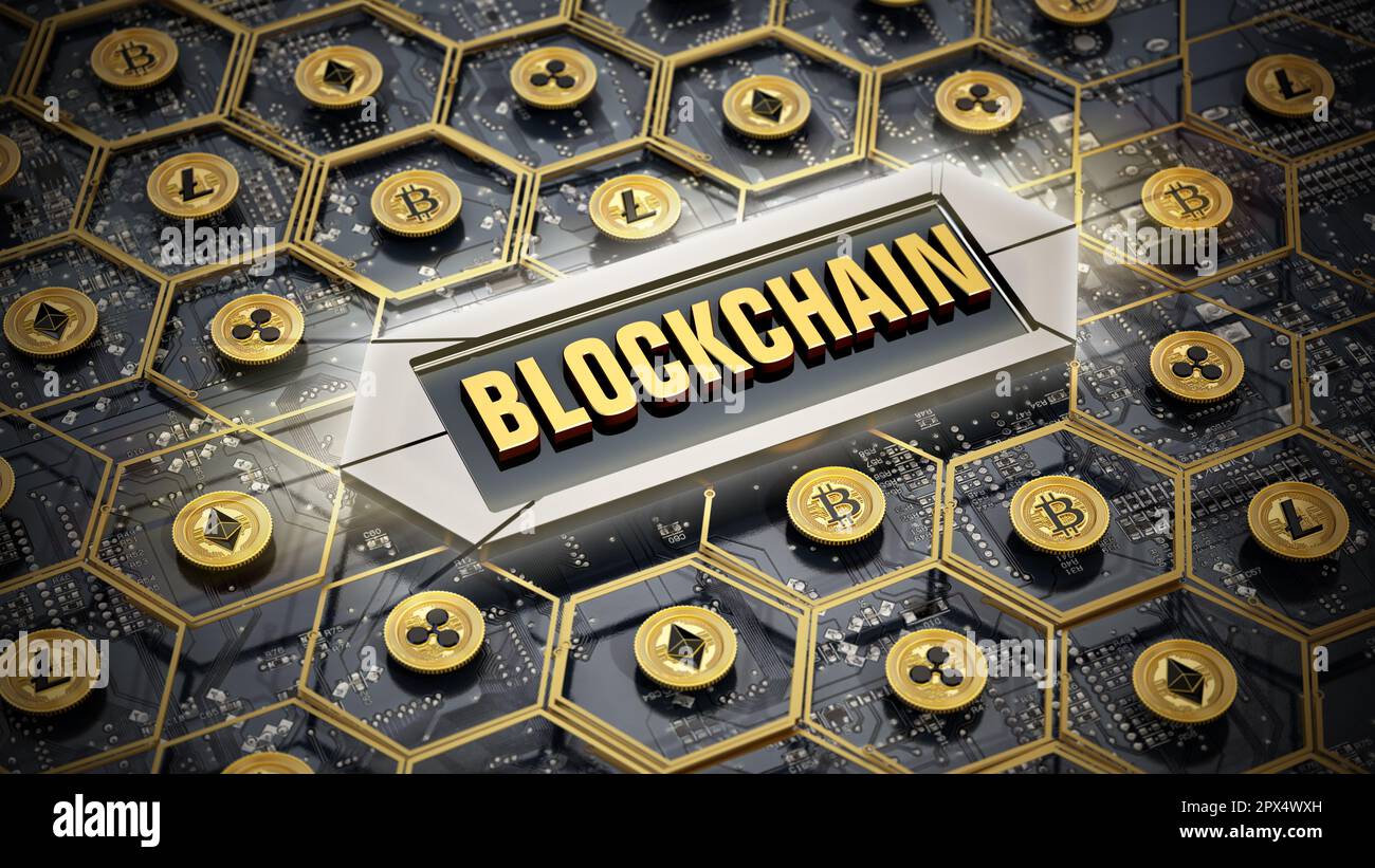 Cryptocurrency concept with Blockchain text. 3D illustration Stock ...
